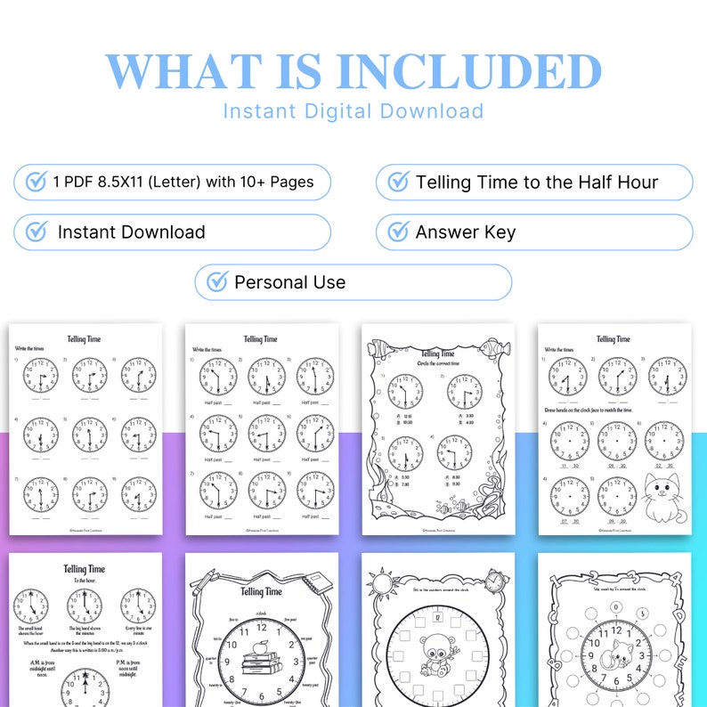 Telling Time to the Half Hour Worksheets / Clock Practice for Kids ...