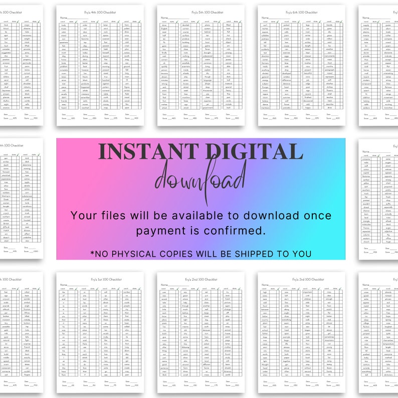 10 Fry Sight Word Checklists / 1,000 High Frequency Sight Words ...