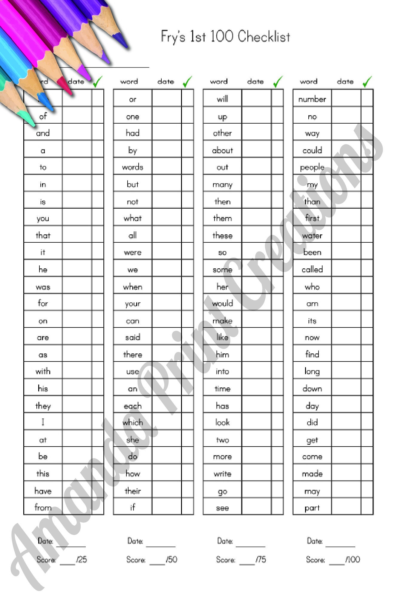 10 Fry Sight Word Checklists / 1000 High Frequency Sight - Etsy Australia