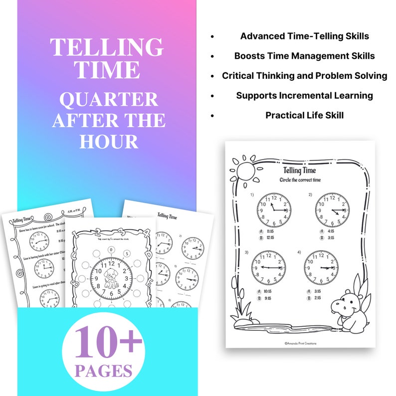 Telling Time Quarter Hour After Worksheets / Clock Practice for Kids ...