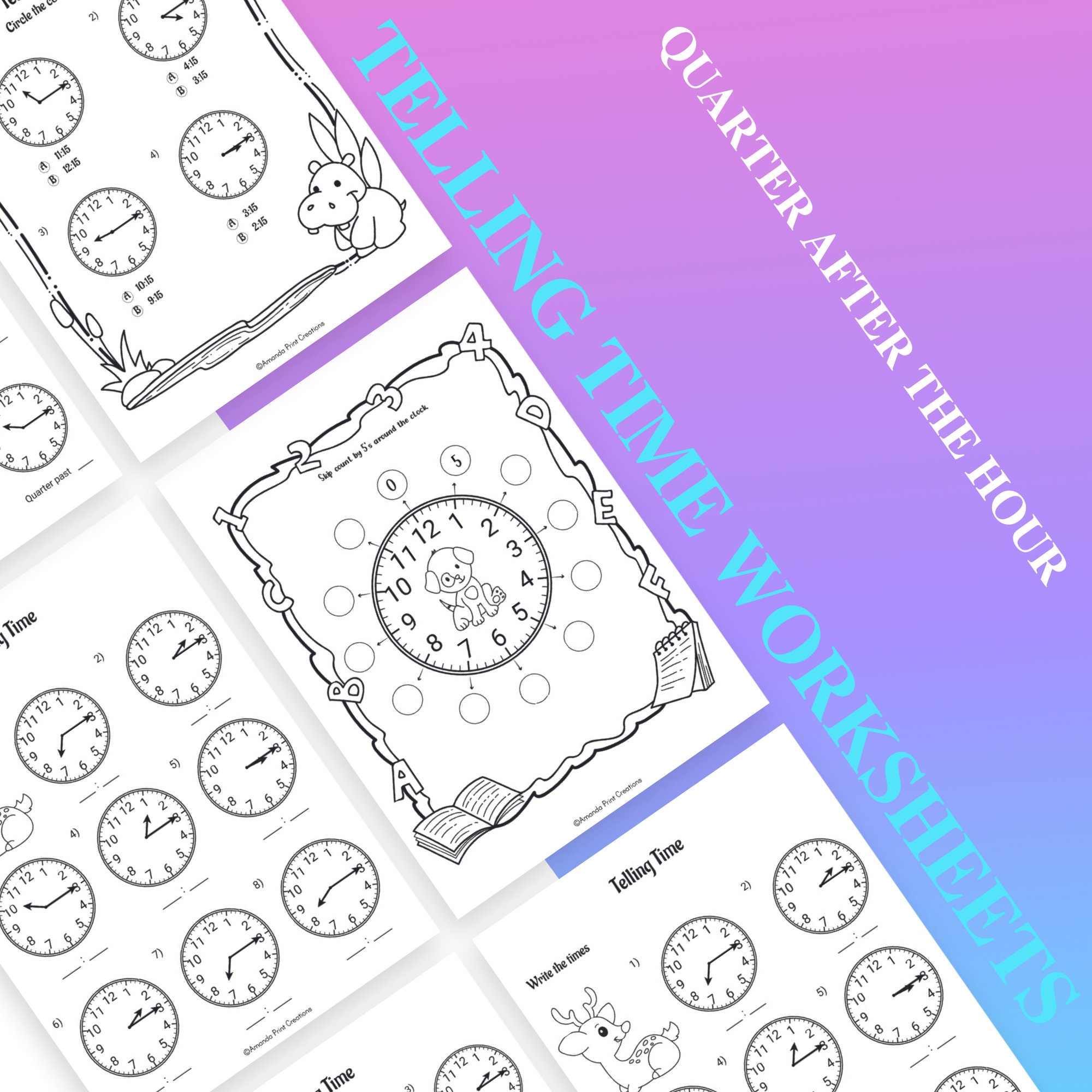 Telling Time Quarter Hour After Worksheets / Clock Practice for Kids ...