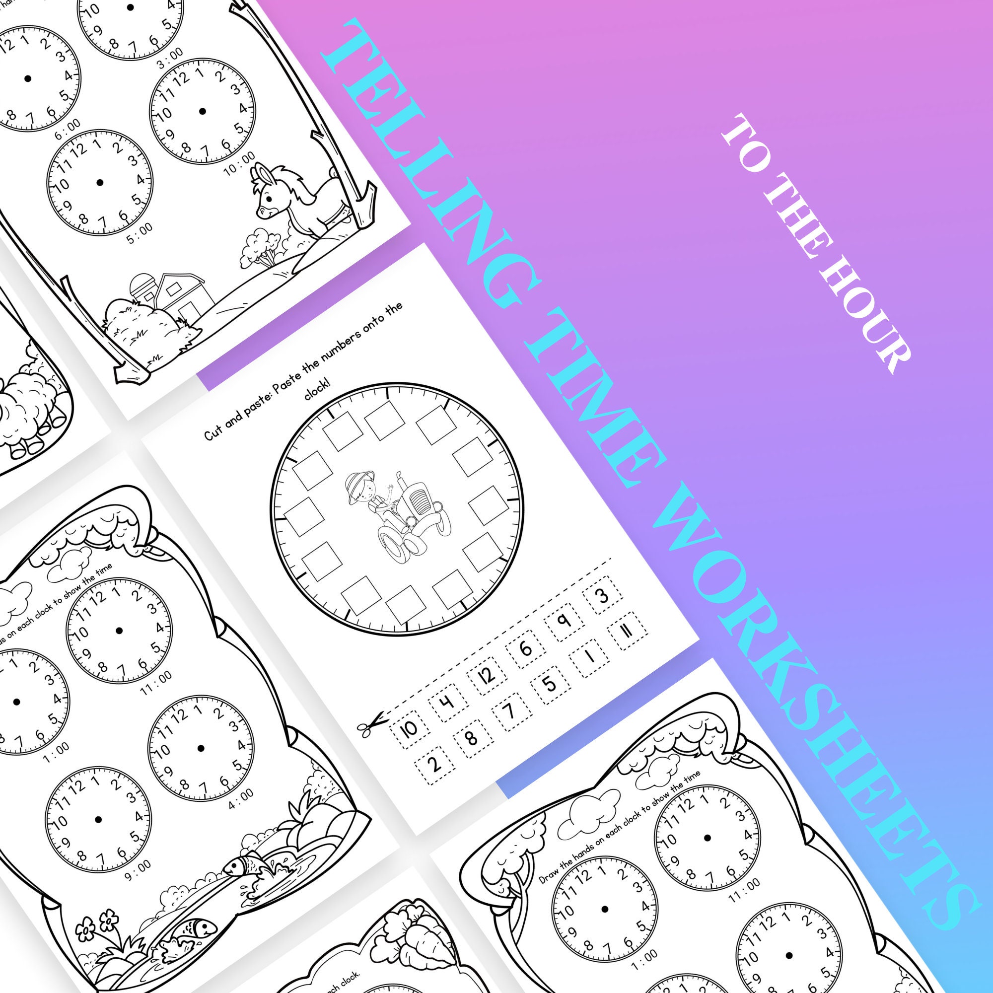 Farm Theme Telling Time to the Hour Worksheets | Clock Practice for ...