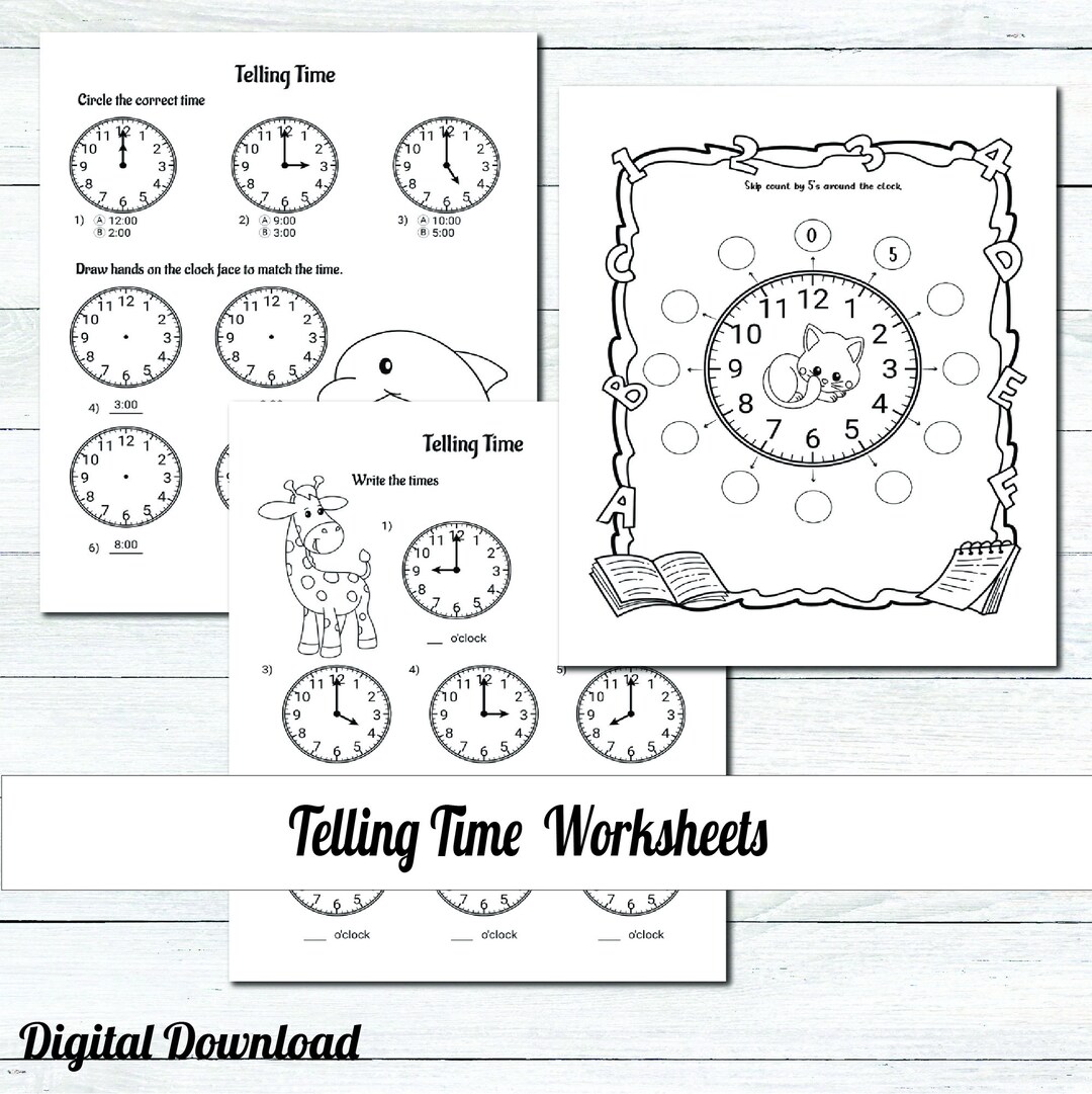 Telling Time To The Hour Worksheets Clock Practice For Kids Etsy
