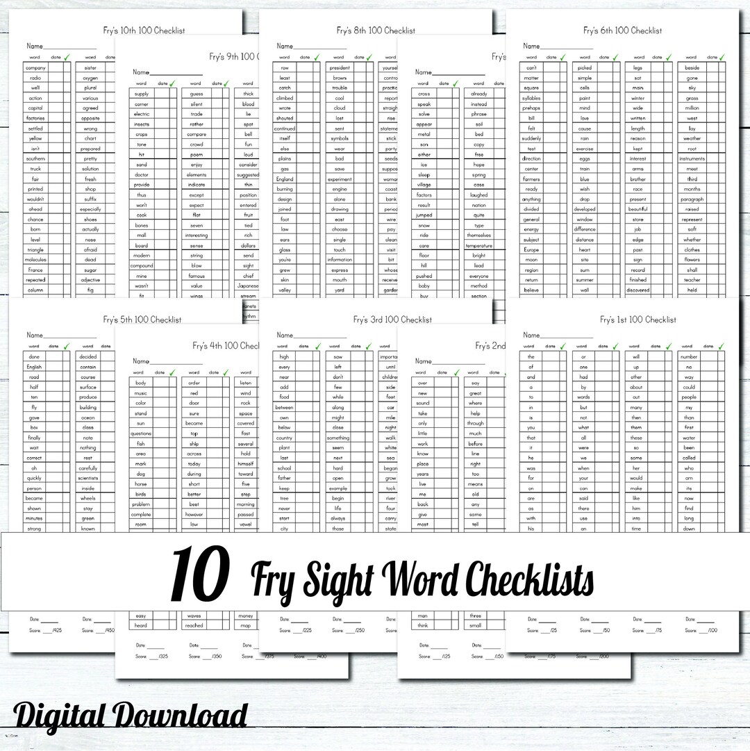 10 Fry Sight Word Checklists / 1,000 High Frequency Sight Words ...