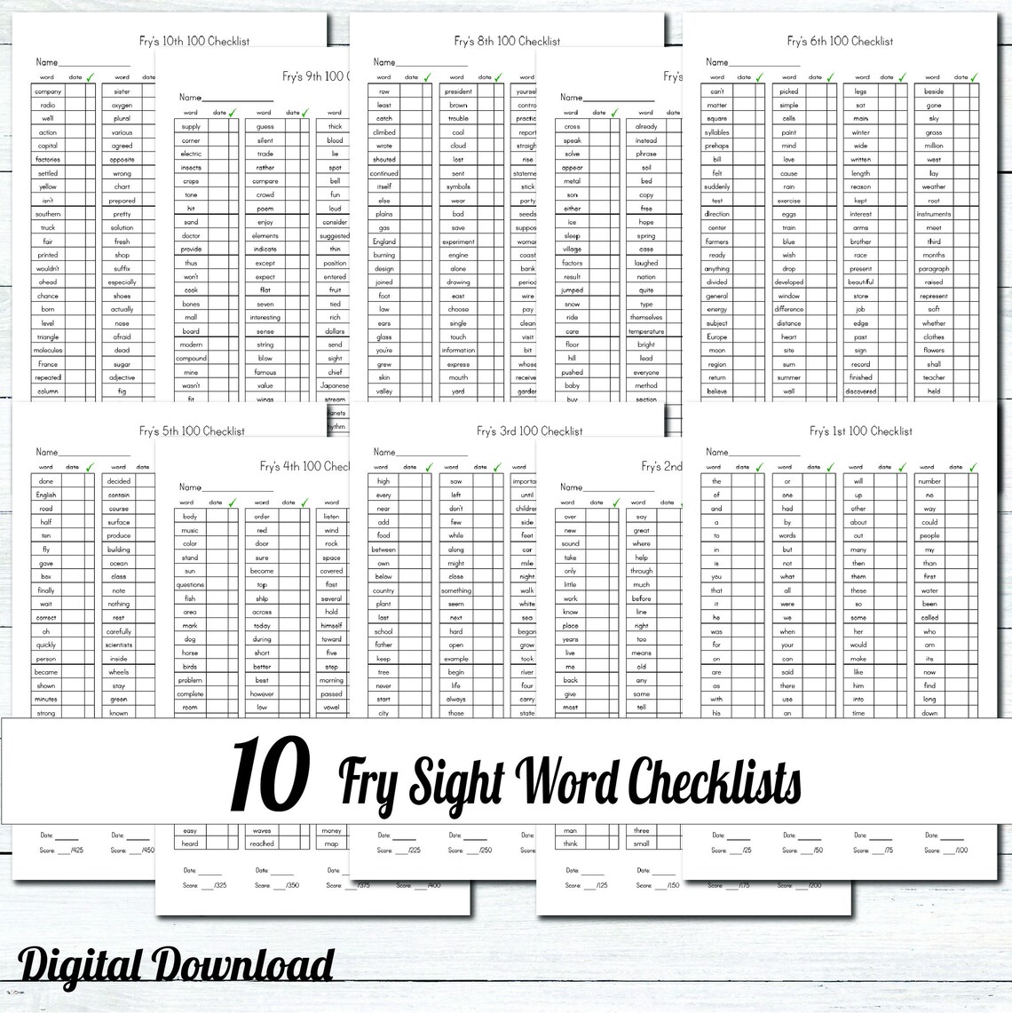 10 Fry Sight Word Checklists / 1000 High Frequency Sight - Etsy