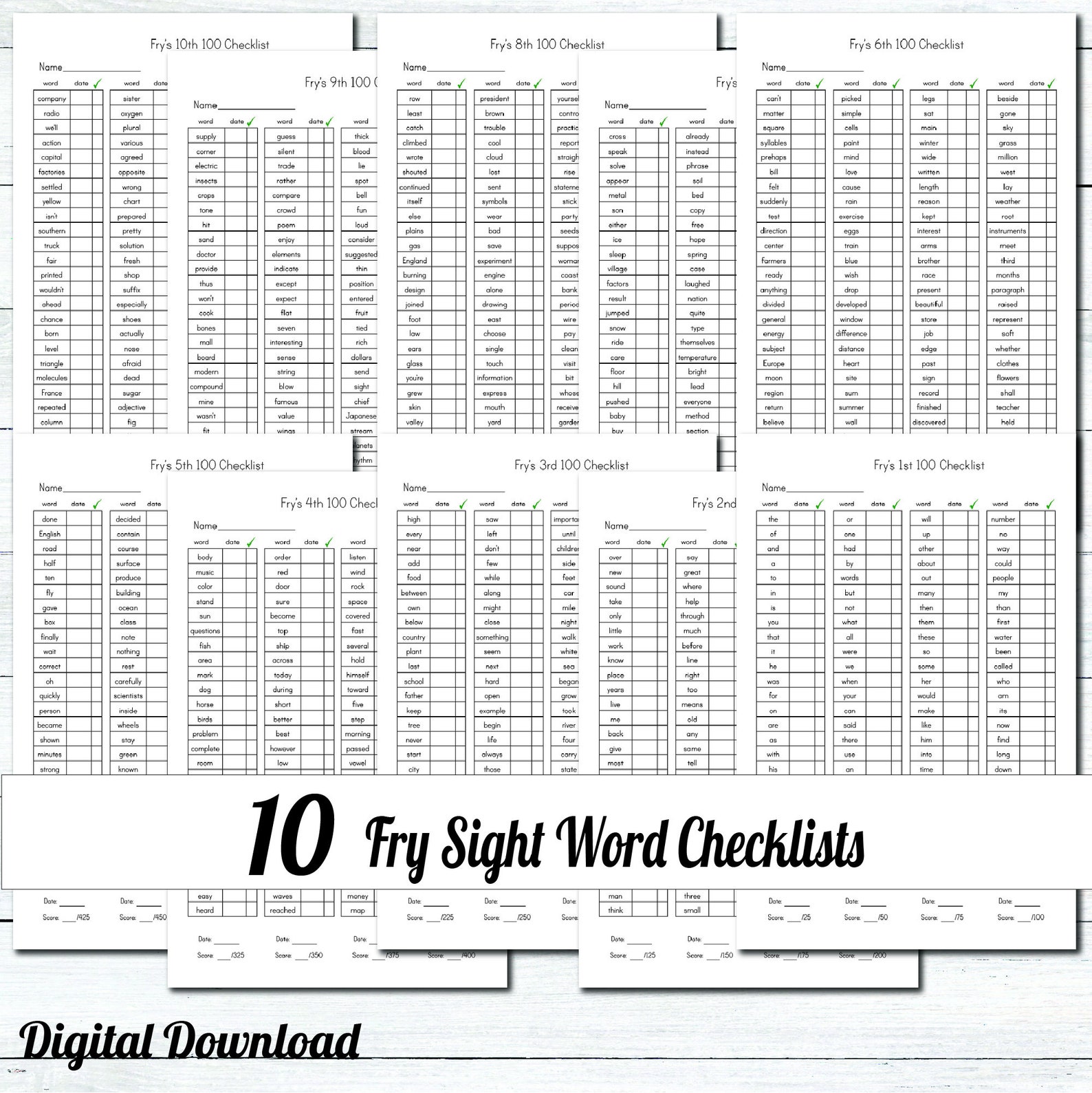 10 Fry Sight Word Checklists / 1000 High Frequency Sight - Etsy