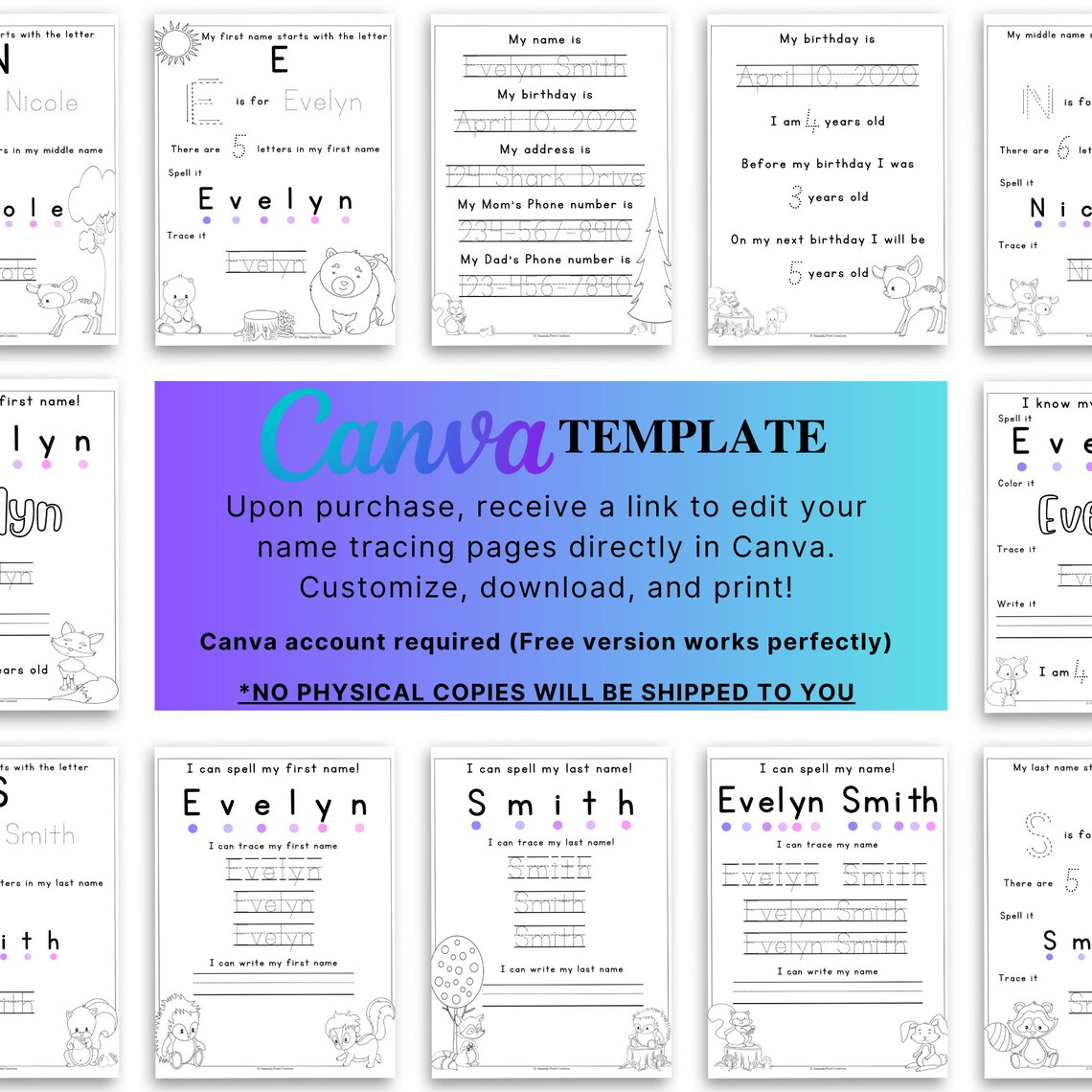 Editable Canva Name Tracing Worksheet - Preschool Handwriting Practice ...
