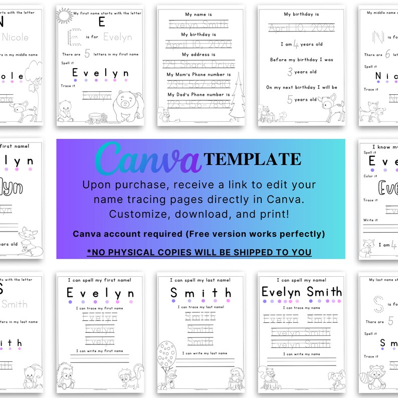 Editable Canva Name Tracing Worksheet - Preschool Handwriting Practice ...