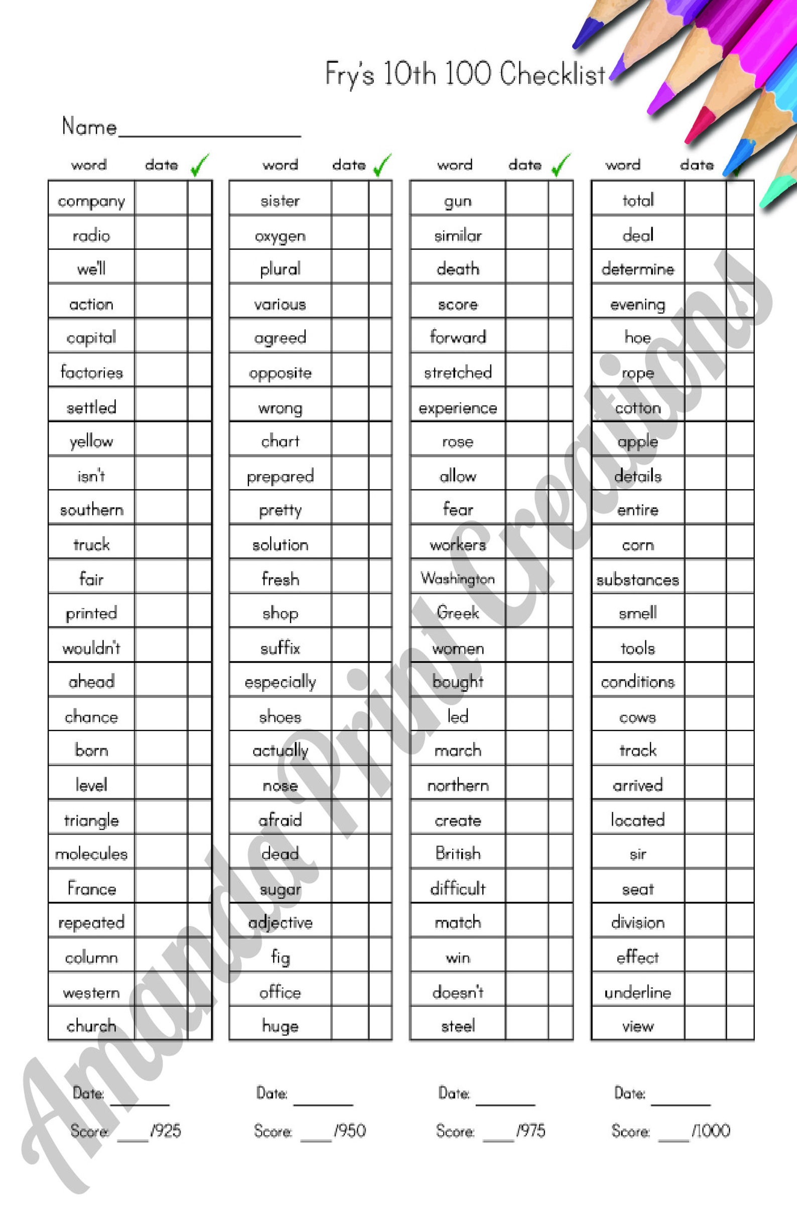 10 Fry Sight Word Checklists / 1000 High Frequency Sight - Etsy