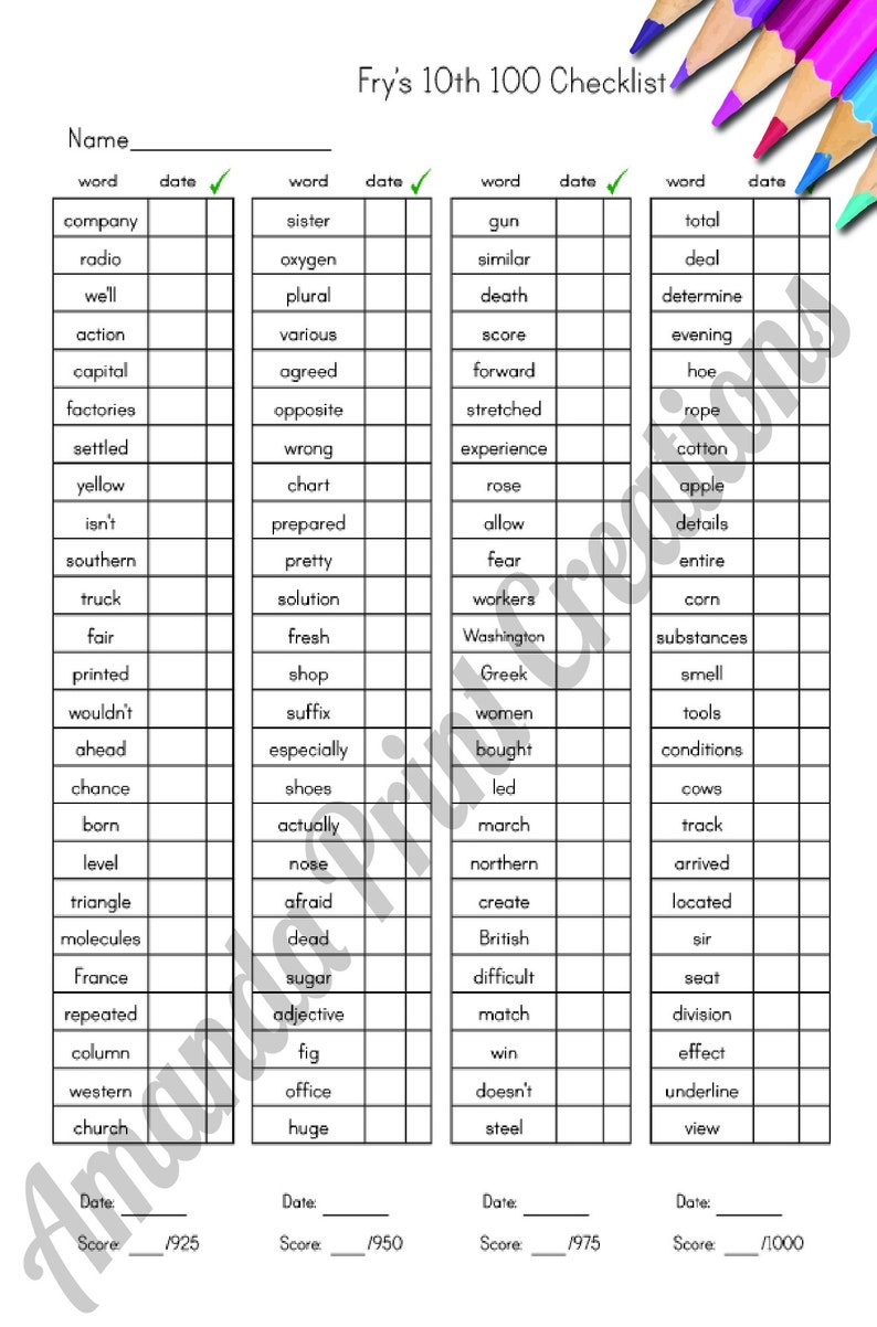 10 Fry Sight Word Checklists / 1000 High Frequency Sight - Etsy