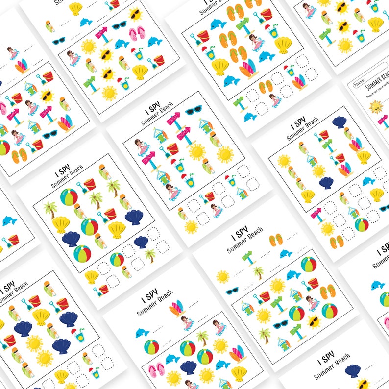 Summer Beach 'I Spy' Counting Pages Colorful Educational Activity for ...