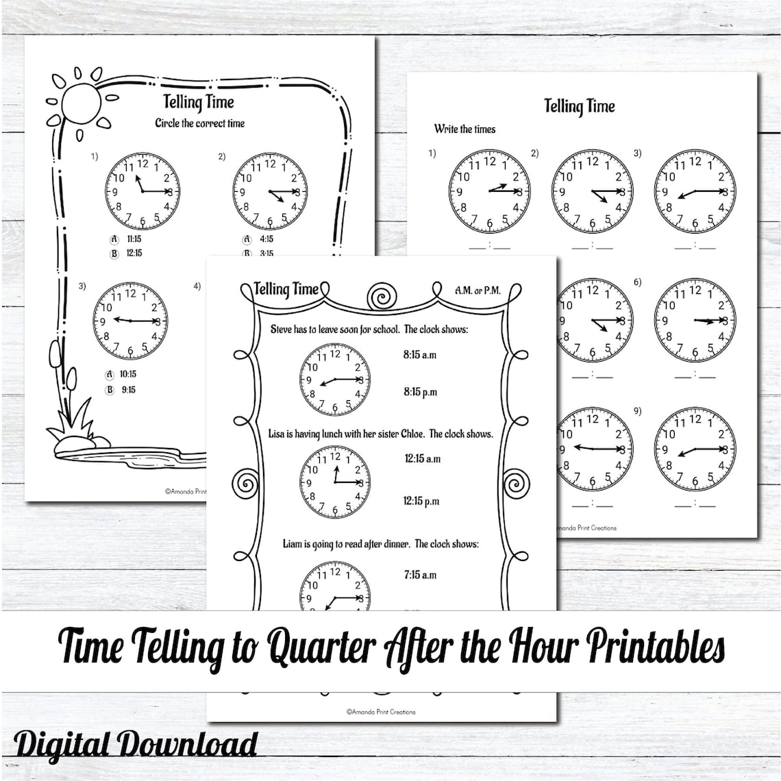 Telling Time Quarter Hour After Worksheets / Clock Practice for Kids ...