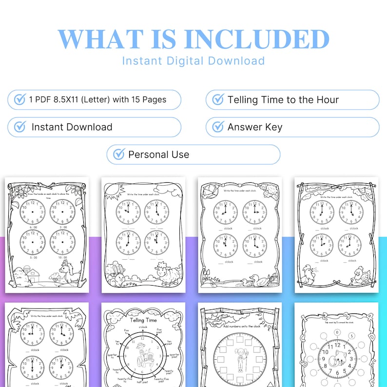 Farm Theme Telling Time to the Hour Worksheets | Clock Practice for ...