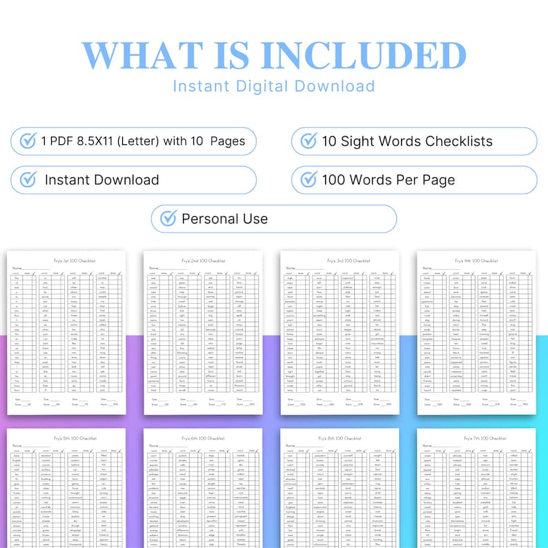 10 Fry Sight Word Checklists / 1,000 High Frequency Sight Words ...