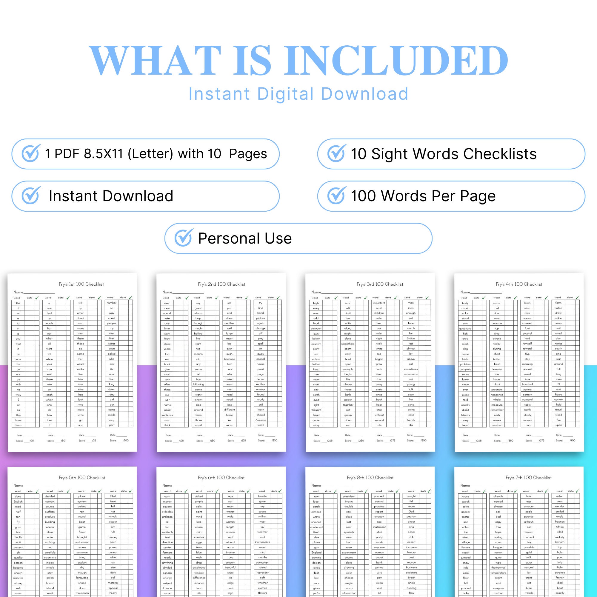 10 Fry Sight Word Checklists / 1,000 High Frequency Sight Words ...