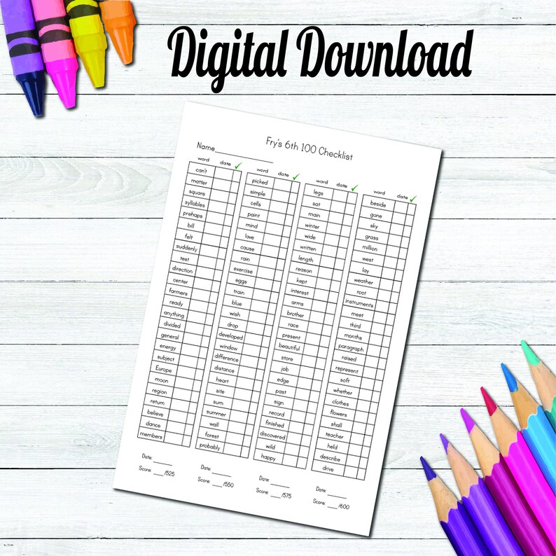 10 Fry Sight Word Checklists / 1000 High Frequency Sight - Etsy