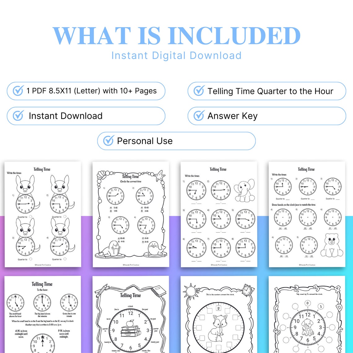Telling Time Quarter to Hour Worksheets / Clock Practice for Kids ...