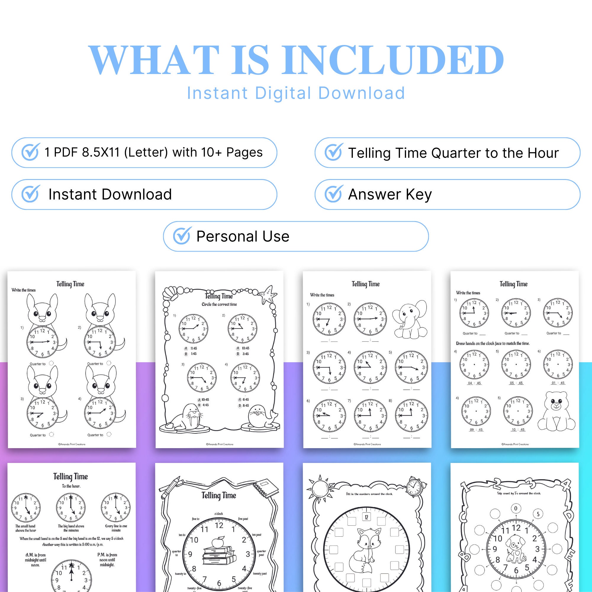 Telling Time Quarter to Hour Worksheets / Clock Practice for Kids ...