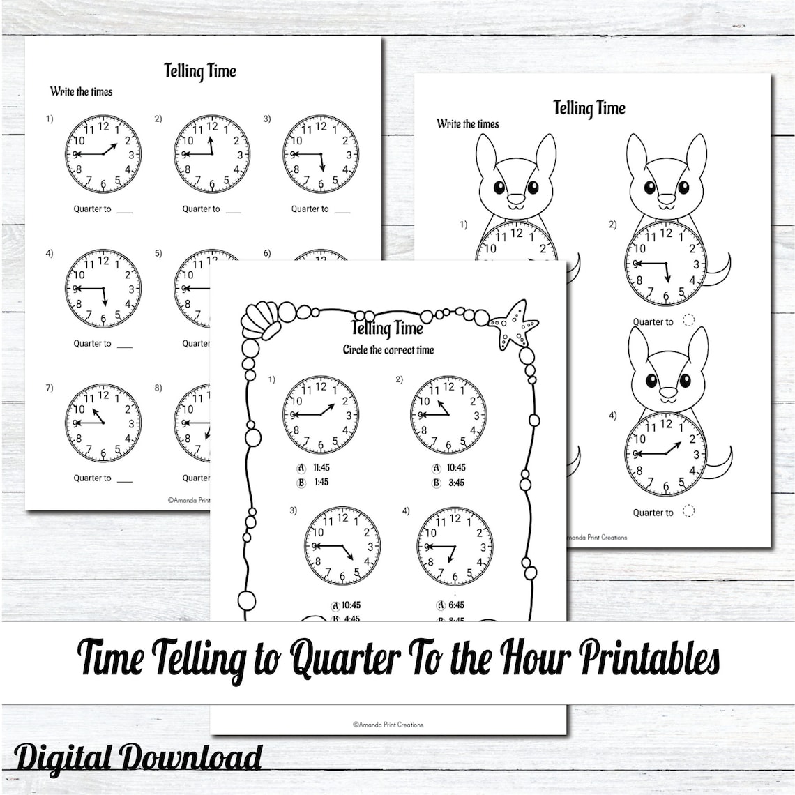 Telling Time Quarter to Hour Worksheets / Clock Practice for - Etsy