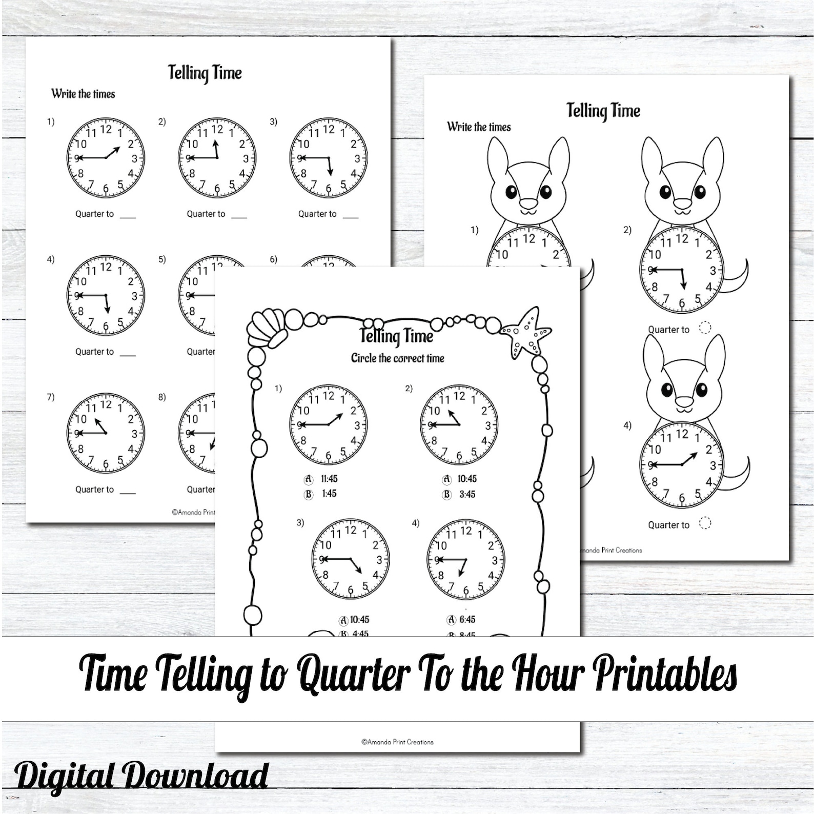 Telling Time Quarter to Hour Worksheets / Clock Practice for - Etsy