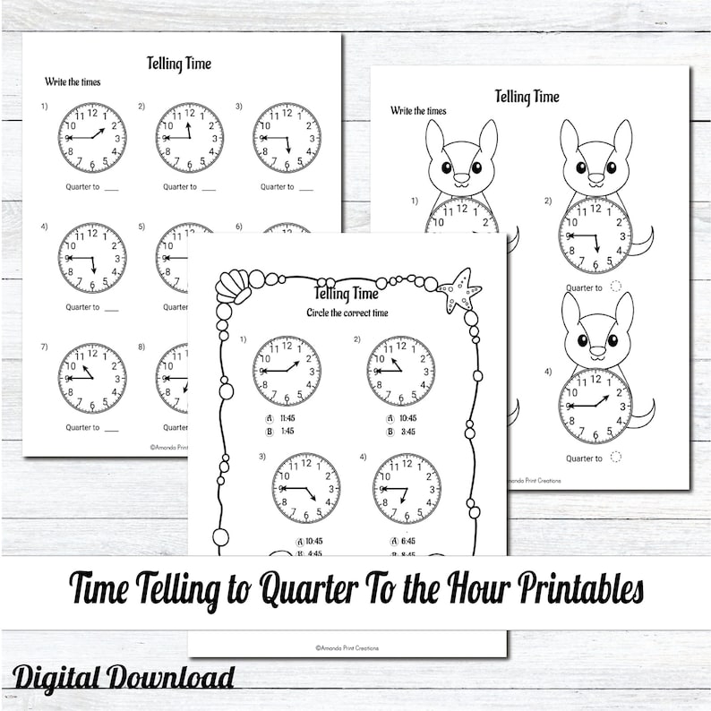 Telling Time Quarter to Hour Worksheets / Clock Practice for - Etsy