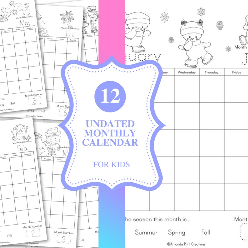 Undated Monthly Calendar for Kids, Calendar Practice for Kids, Undated ...