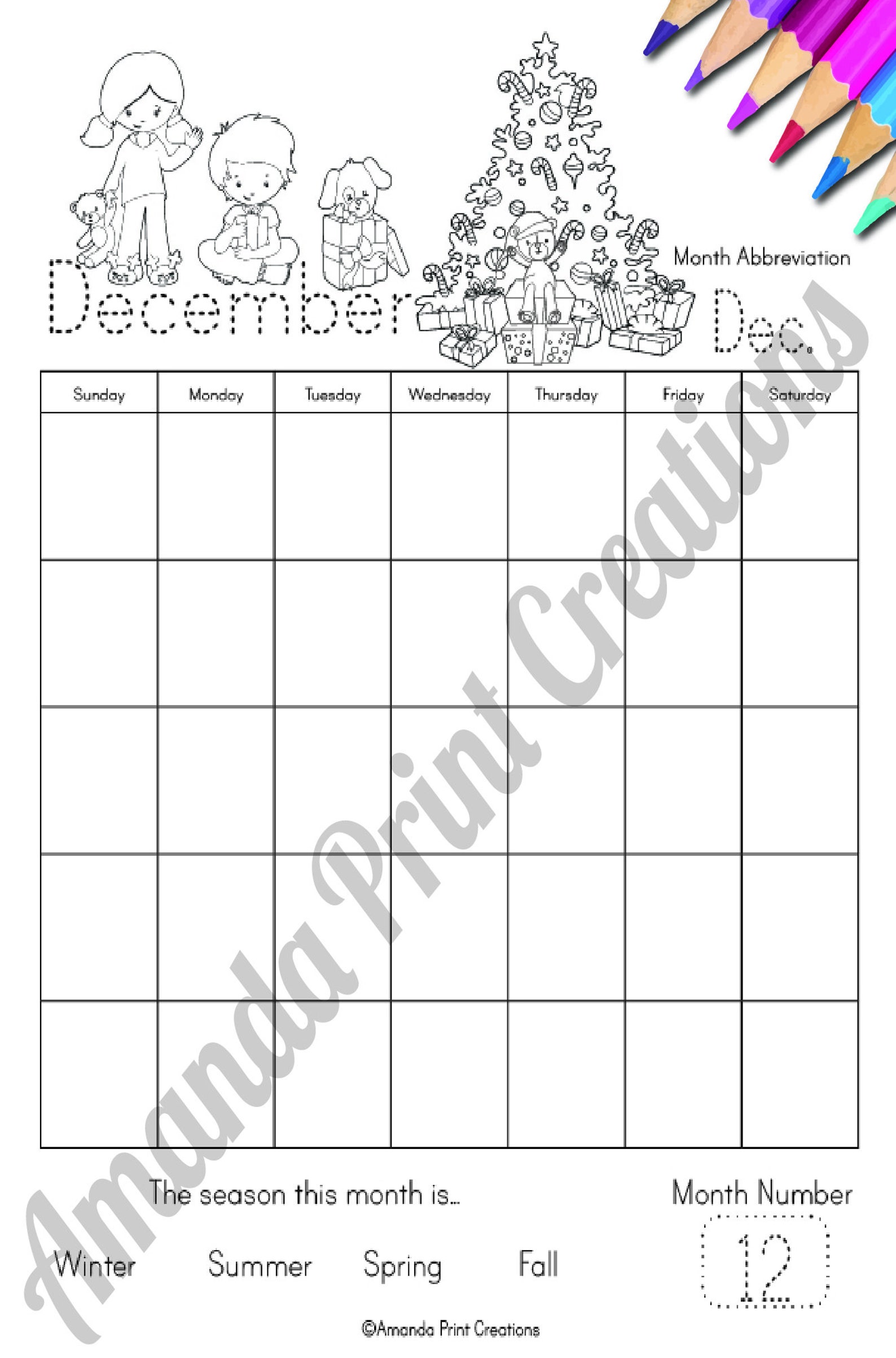 Undated Monthly Calendar for Kids, Calendar Practice for Kids, Undated ...