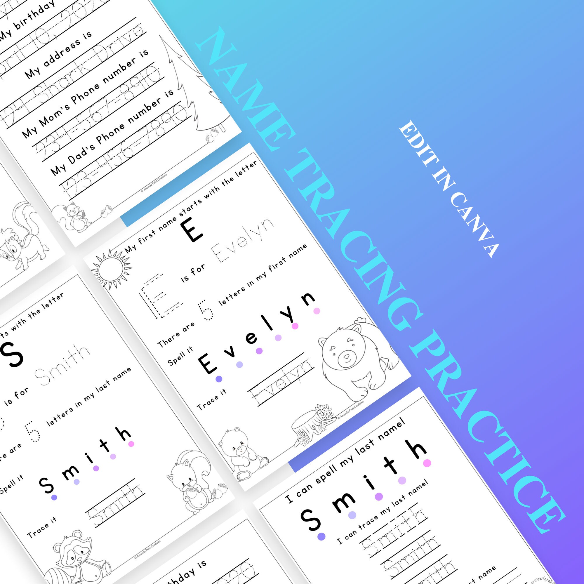 Editable Canva Name Tracing Worksheet - Preschool Handwriting Practice ...