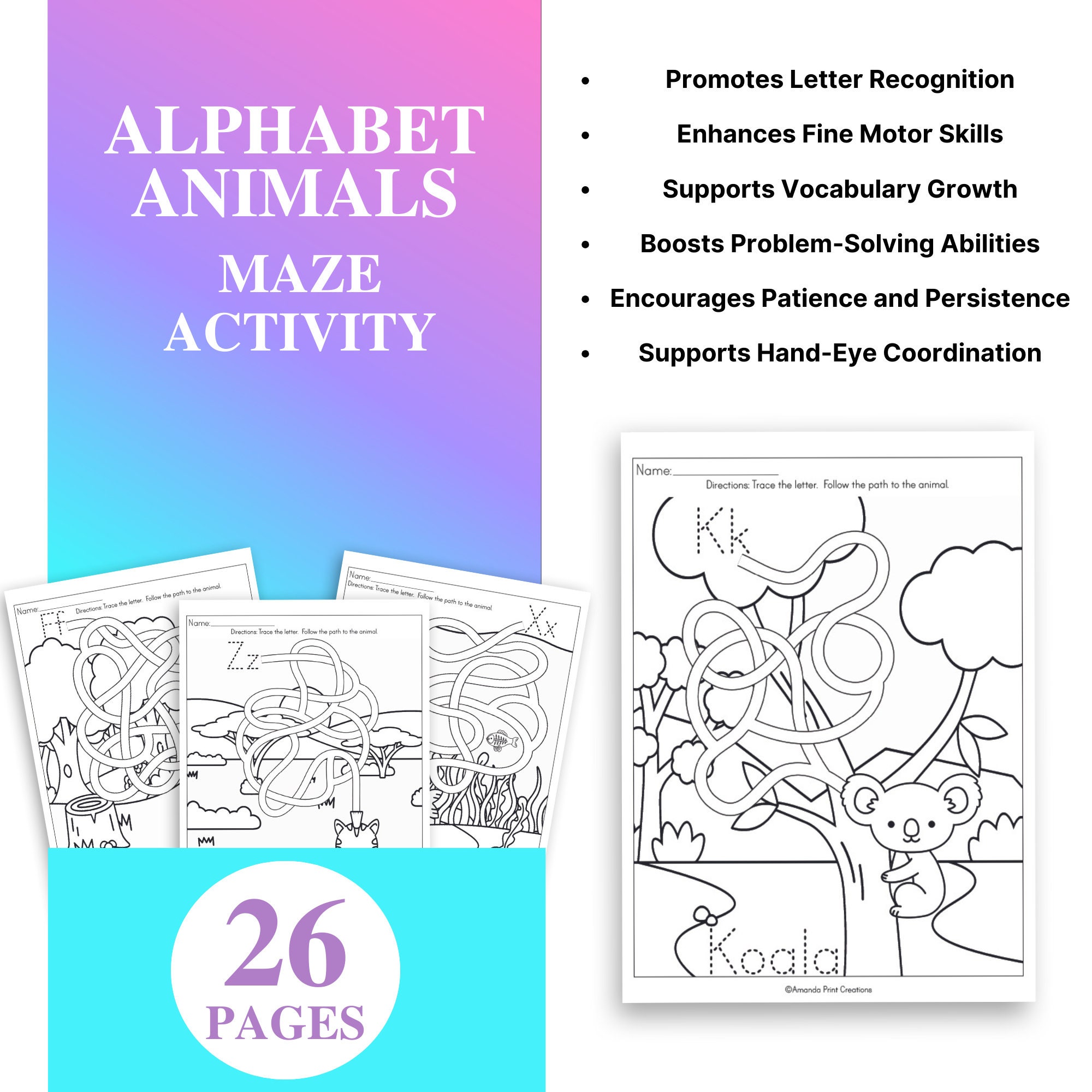 Alphabet Animal Mazes Activity Pages for Kids, Kids Maze Printable - Etsy