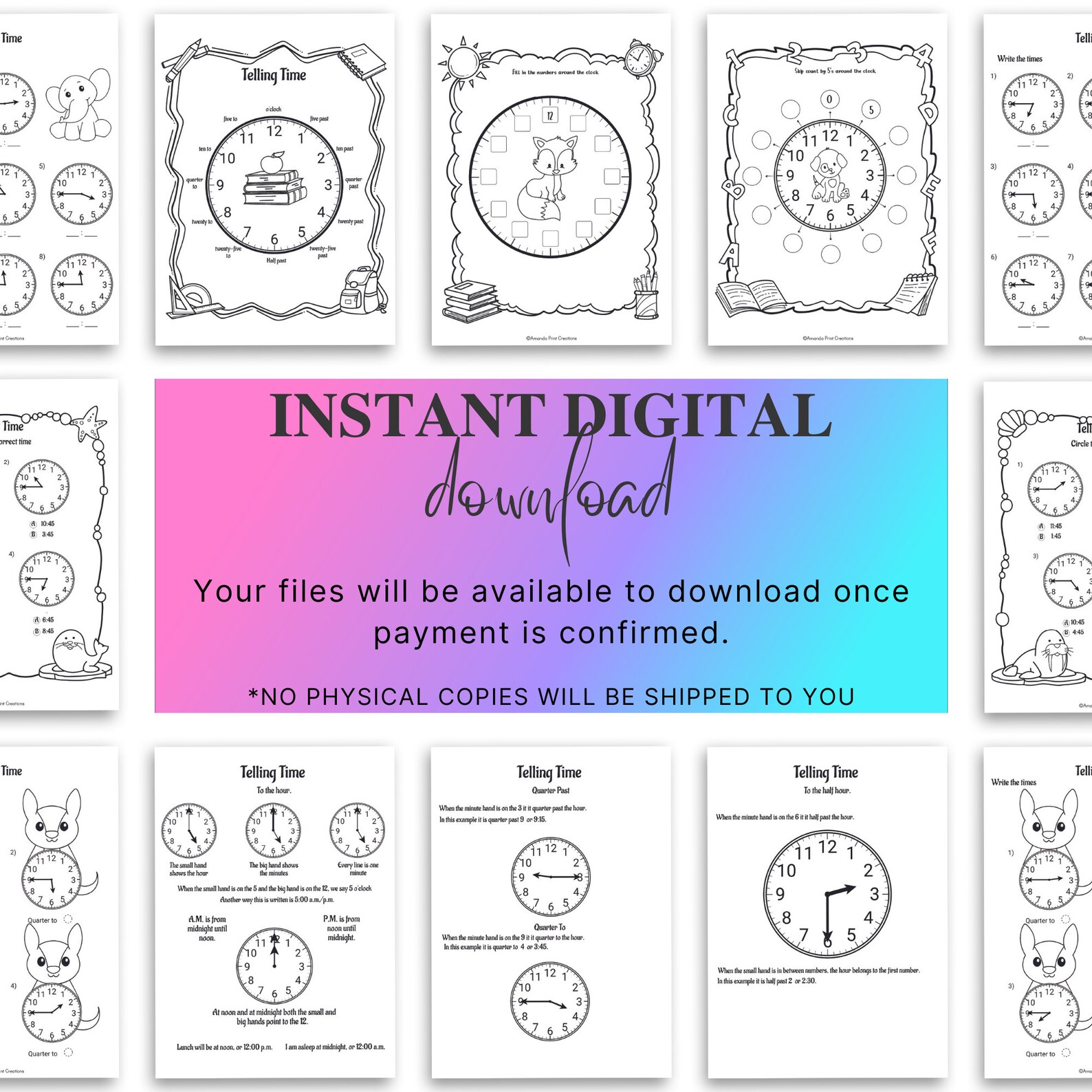 Telling Time Quarter to Hour Worksheets / Clock Practice for Kids ...