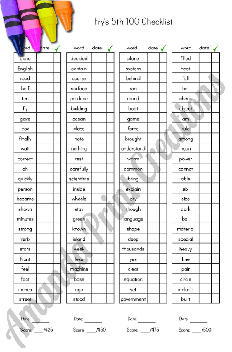 10 Fry Sight Word Checklists / 1000 High Frequency Sight - Etsy