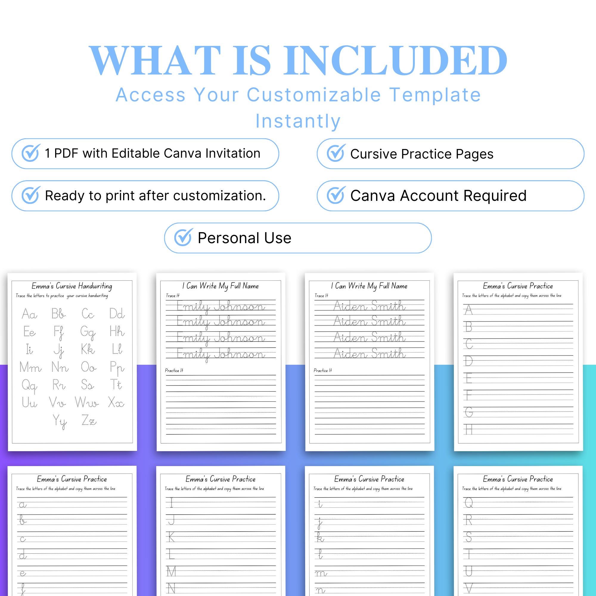 Editable Canva Cursive Name Tracing Worksheets, Personalized Alphabet ...