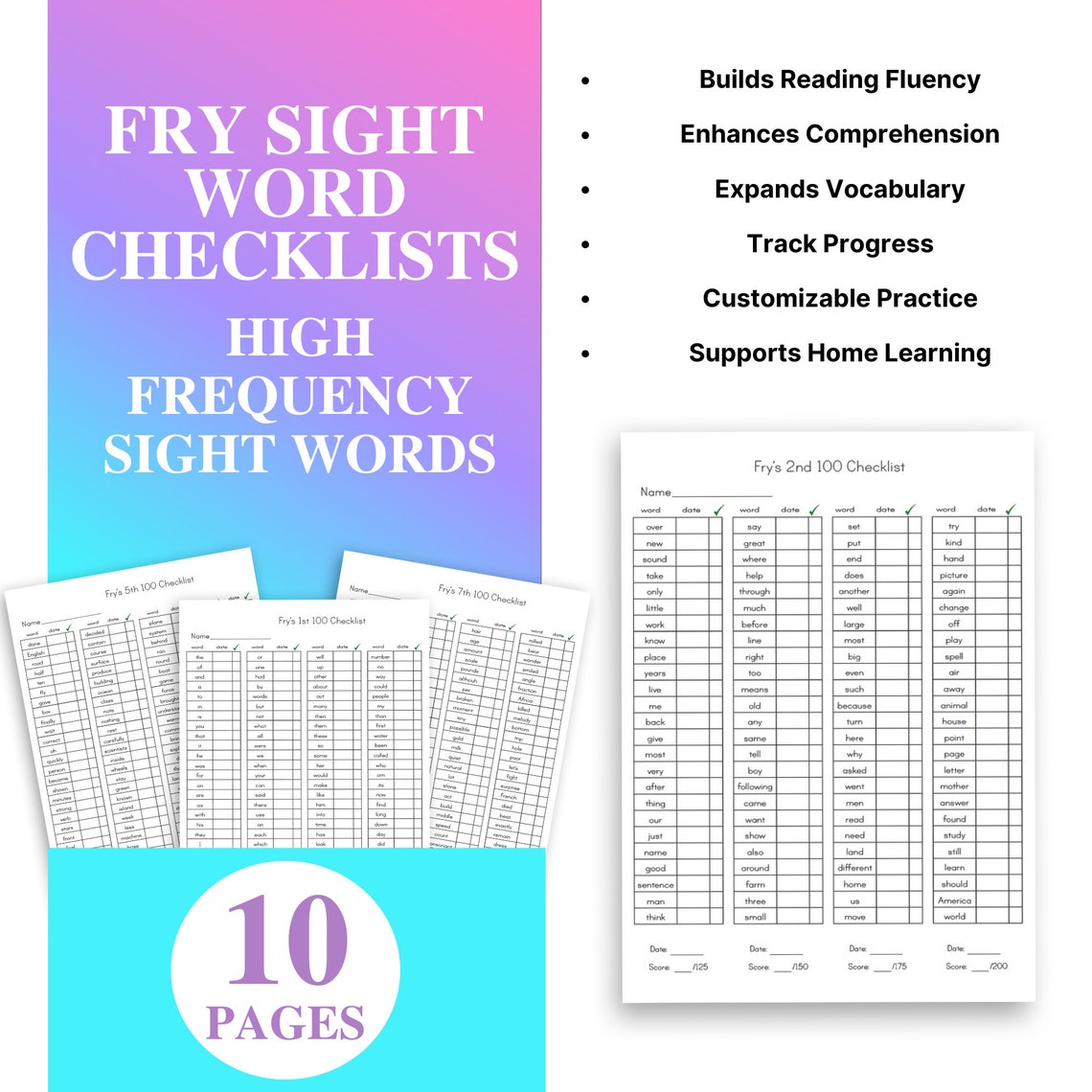10 Fry Sight Word Checklists / 1,000 High Frequency Sight Words ...