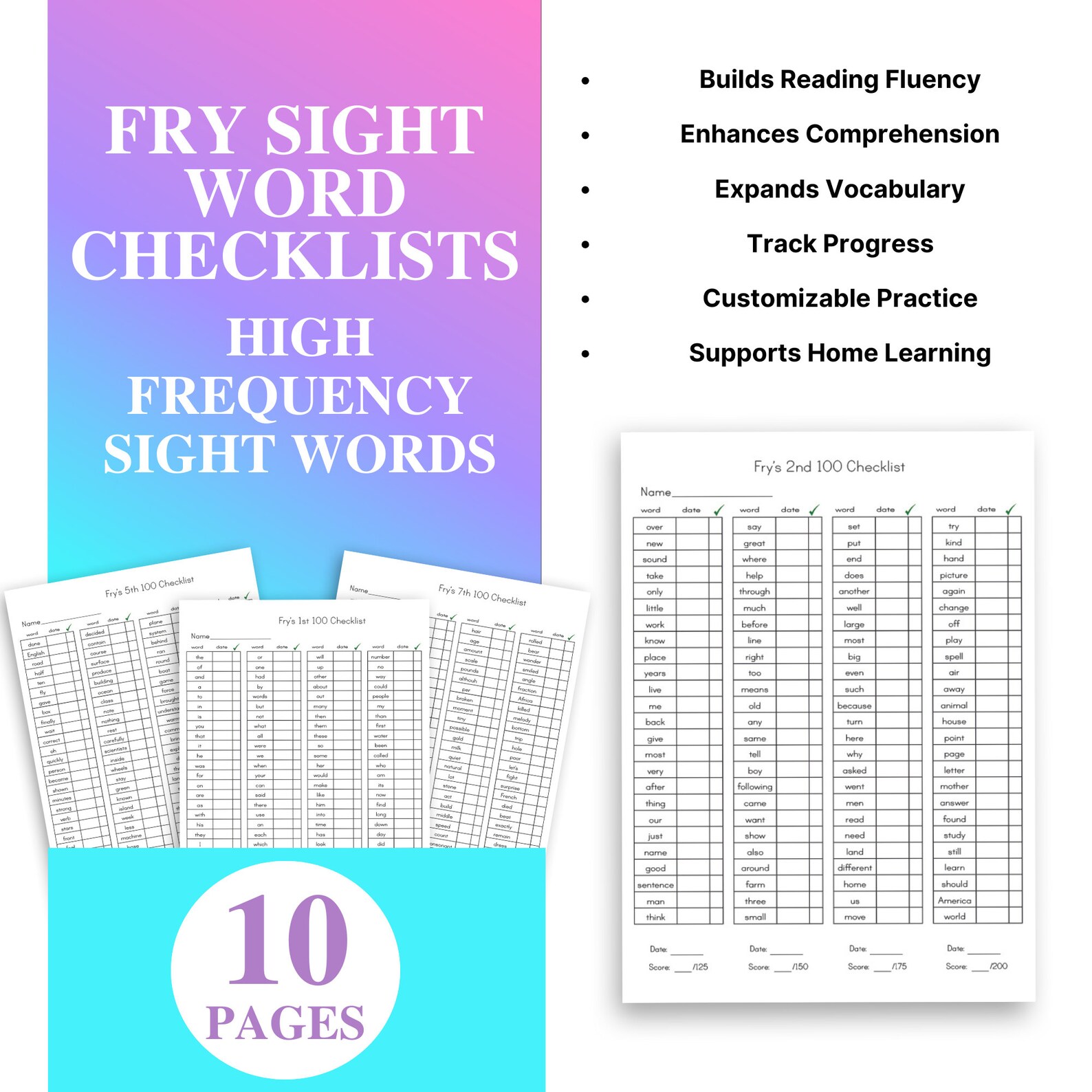 10 Fry Sight Word Checklists / 1,000 High Frequency Sight Words ...