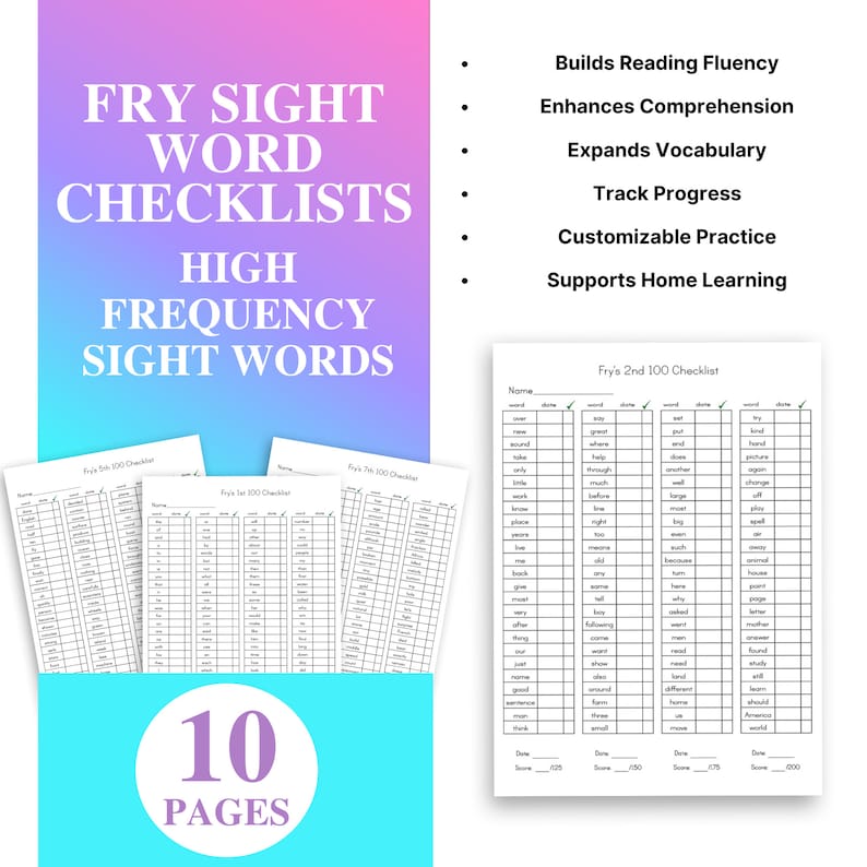 10 Fry Sight Word Checklists / 1,000 High Frequency Sight Words ...