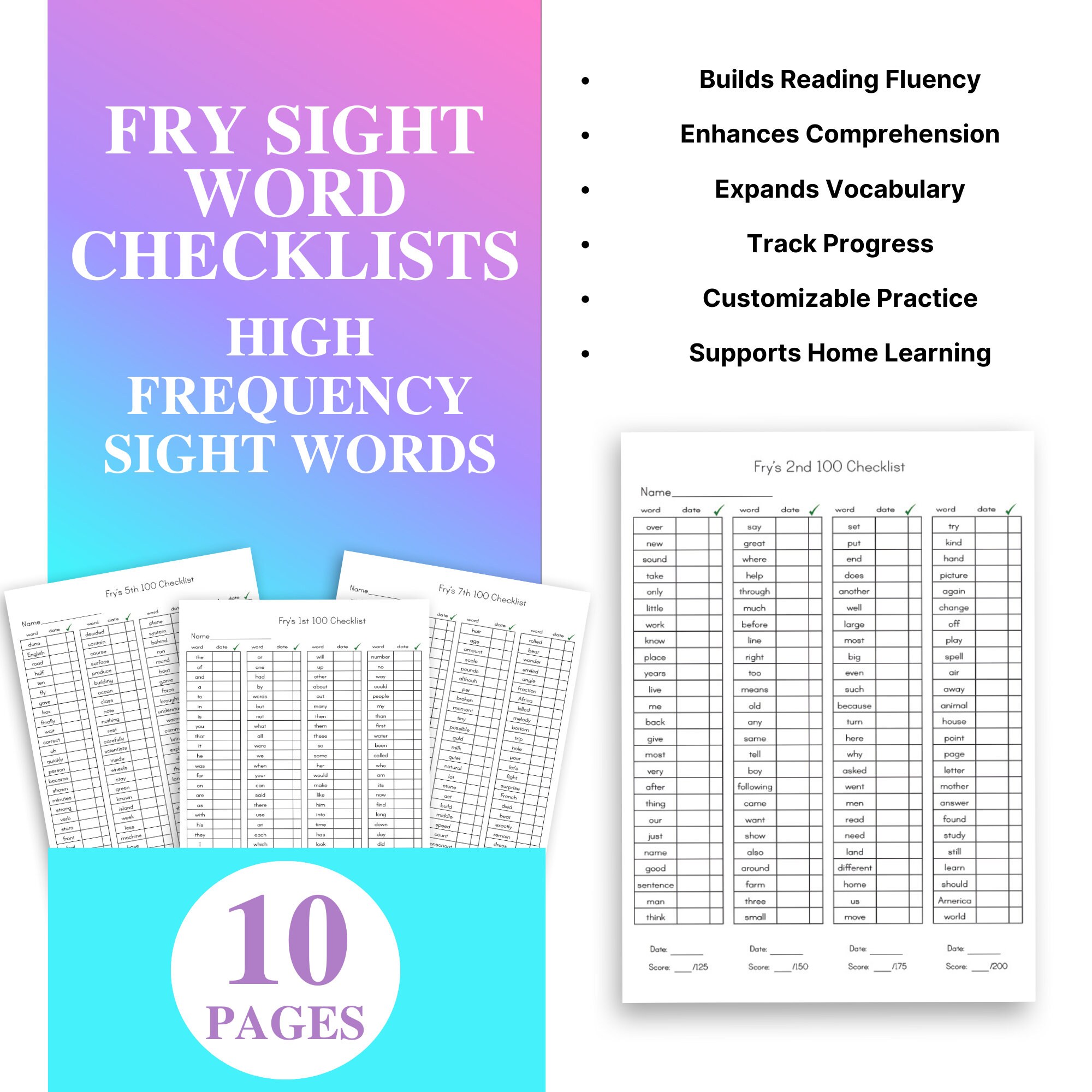 10 Fry Sight Word Checklists / 1,000 High Frequency Sight Words ...