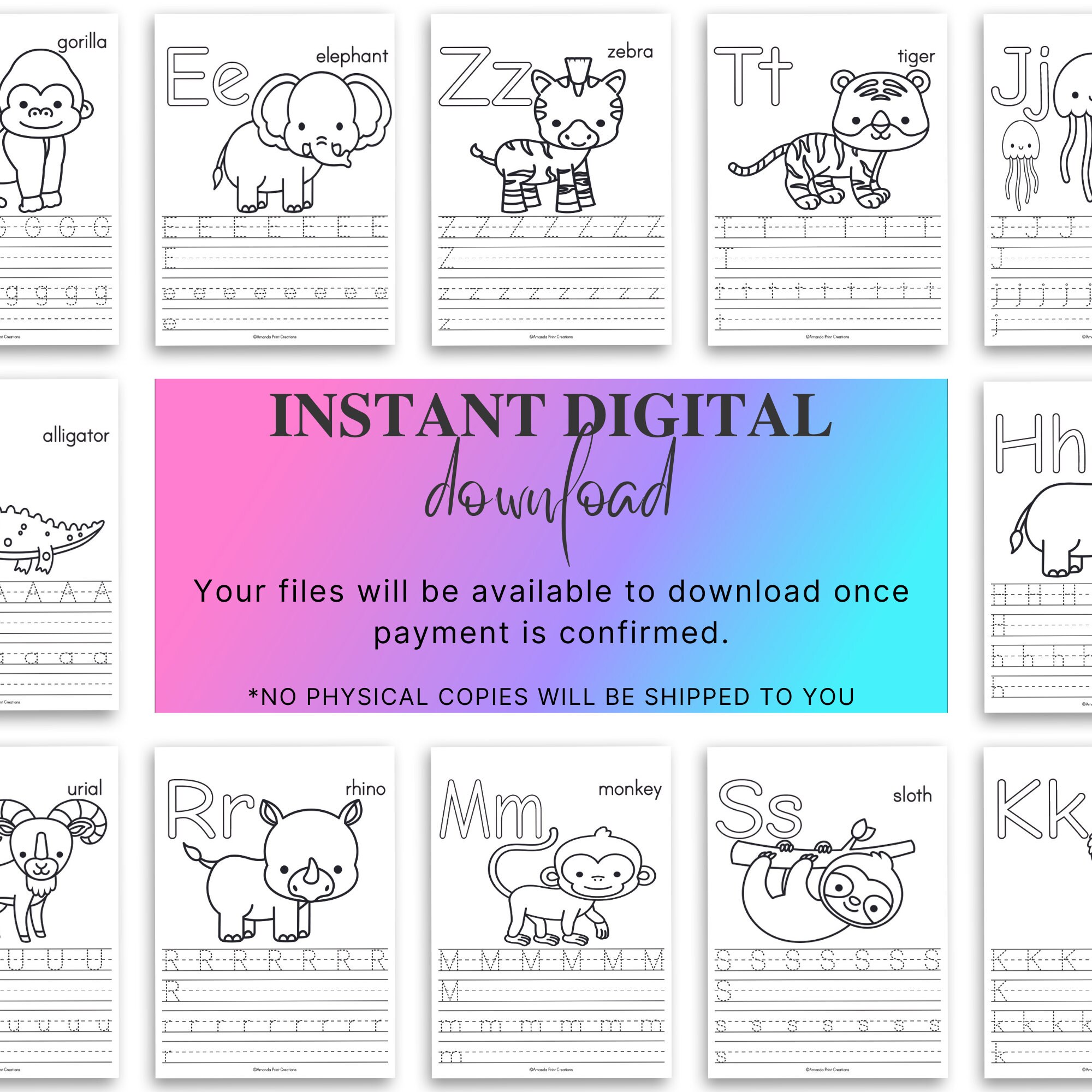 A to Z Letter Tracing Animal Coloring Pages /preschool Handwriting ...