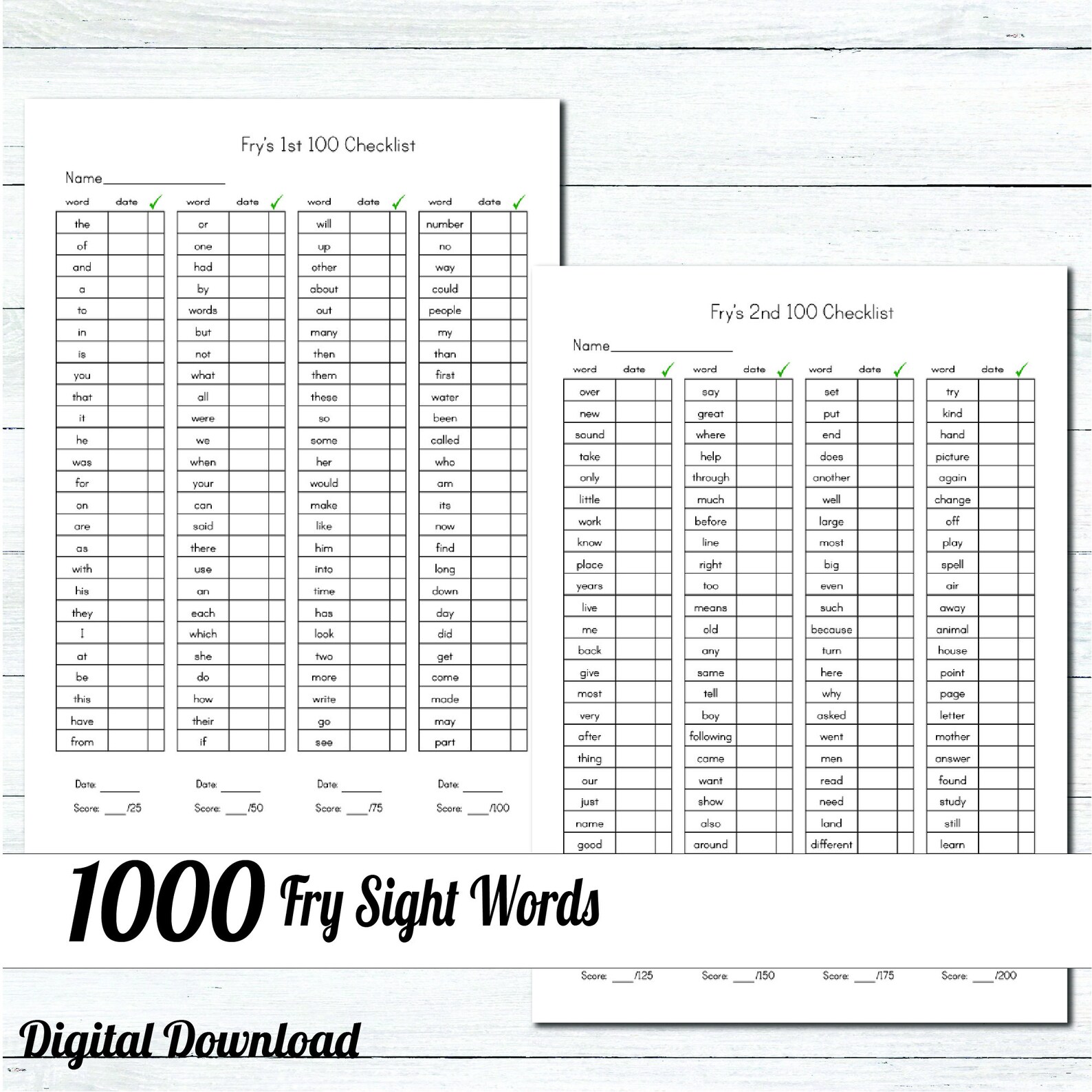 10 Fry Sight Word Checklists 1000 High Frequency Sight Etsy