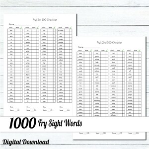 10 Fry Sight Word Checklists / 1,000 High Frequency Sight Words ...