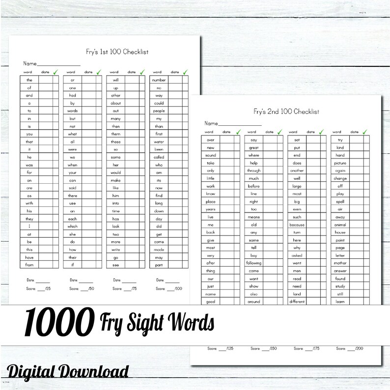 10 Fry Sight Word Checklists / 1000 High Frequency Sight - Etsy