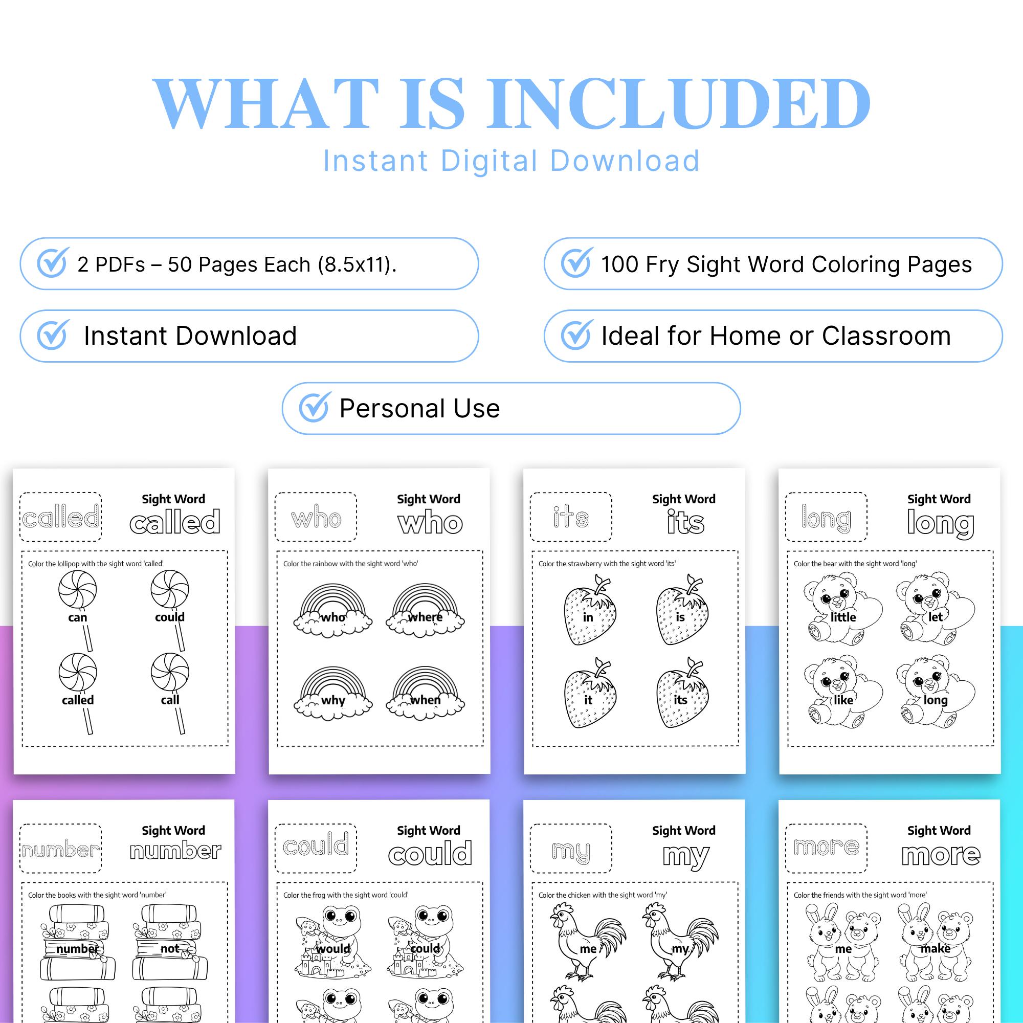 100 Fry Sight Word Coloring Pages | Preschool Kindergarten Printable ...