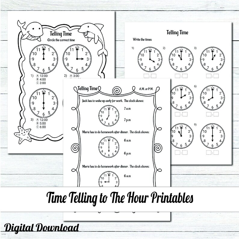 Telling Time to the Hour Worksheets / Clock Practice for Kids - Etsy