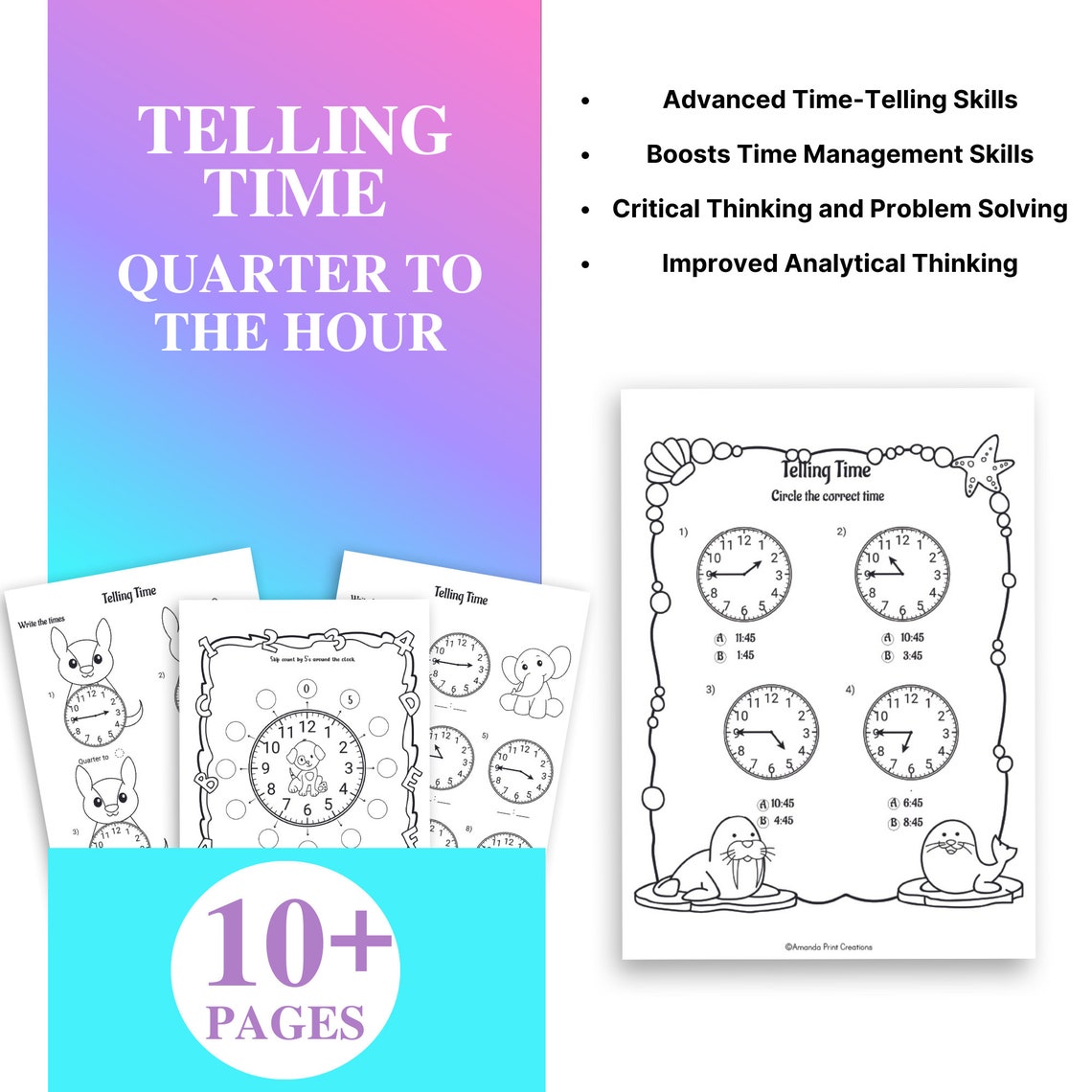 Telling Time Quarter to Hour Worksheets / Clock Practice for Kids ...