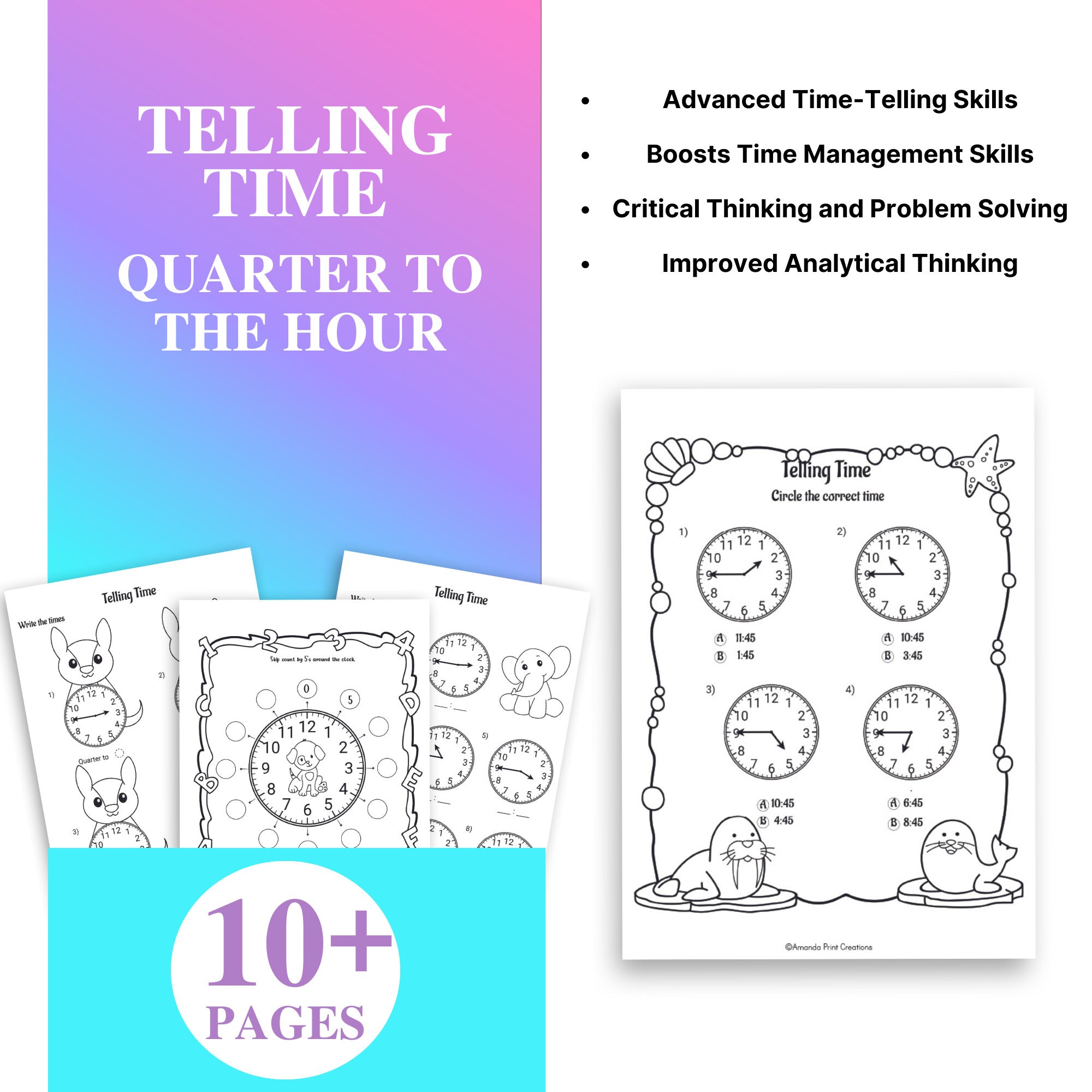 Telling Time Quarter to Hour Worksheets / Clock Practice for Kids ...