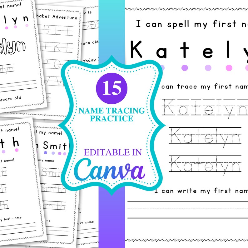 Editable Canva Name Tracing Printable Personalized Worksheets for Kids ...