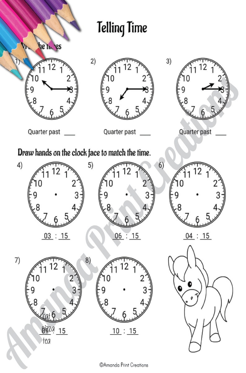 Telling Time Quarter Hour After Worksheets / Clock Practice for Kids ...