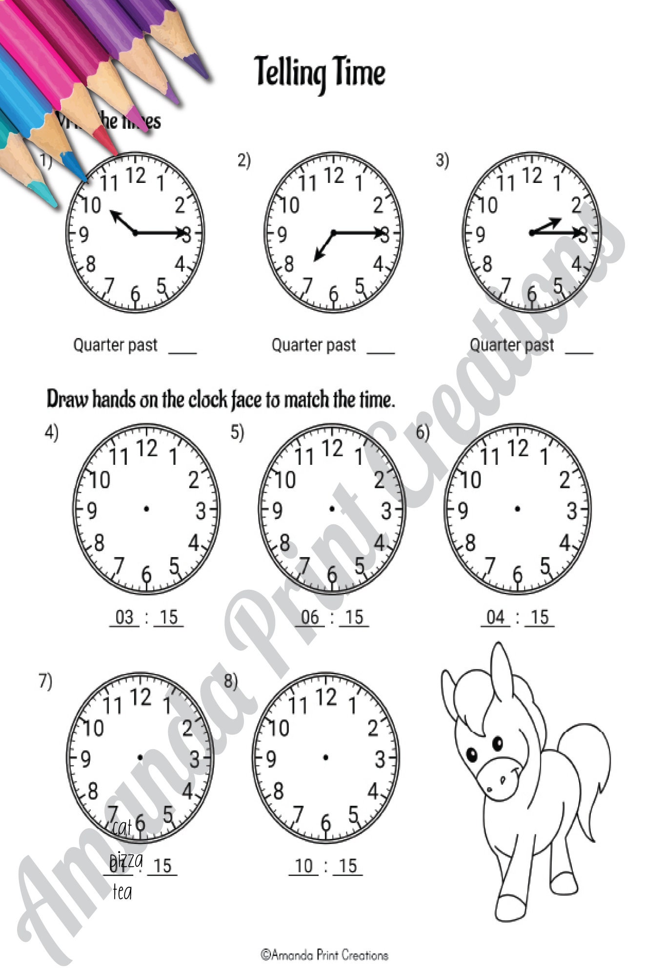 Telling Time Quarter Hour After Worksheets / Clock Practice for Kids ...