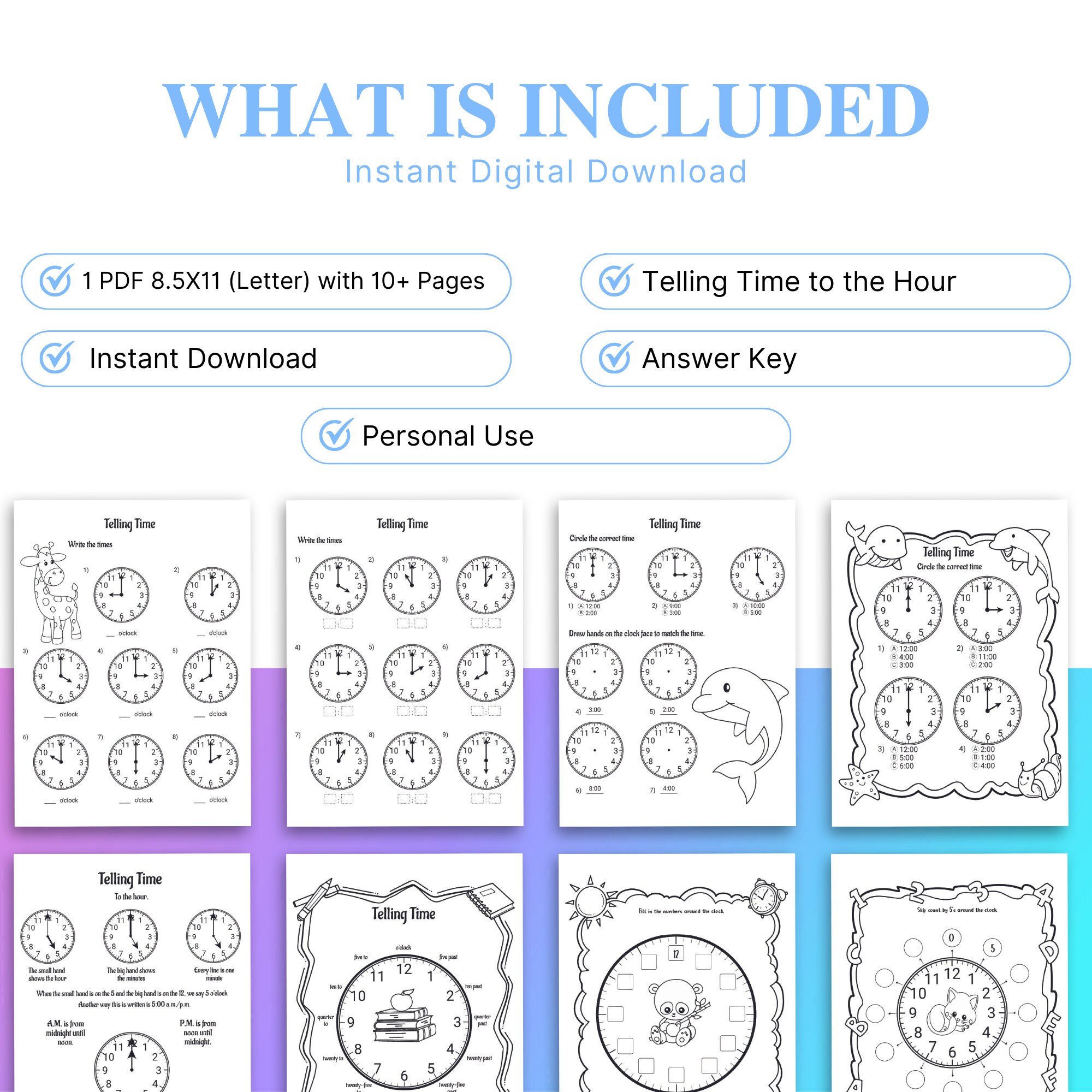 Telling Time to the Hour Worksheets / Clock Practice for Kids /analog ...