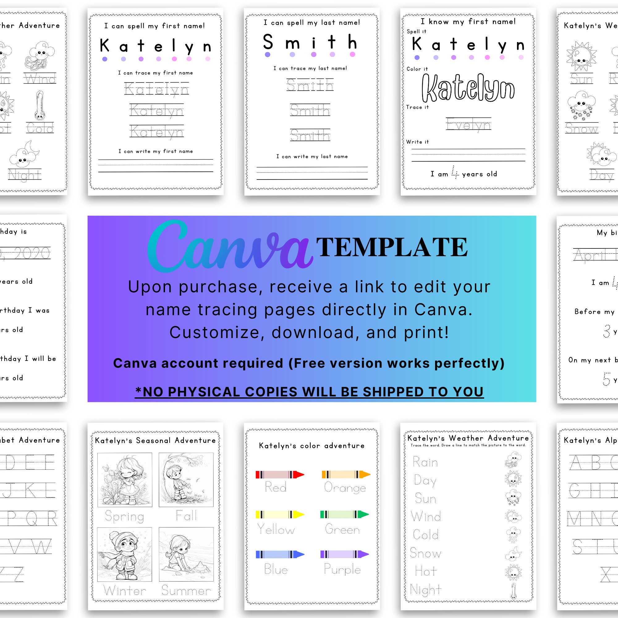 Editable Canva Name Tracing Printable Personalized Worksheets for Kids ...