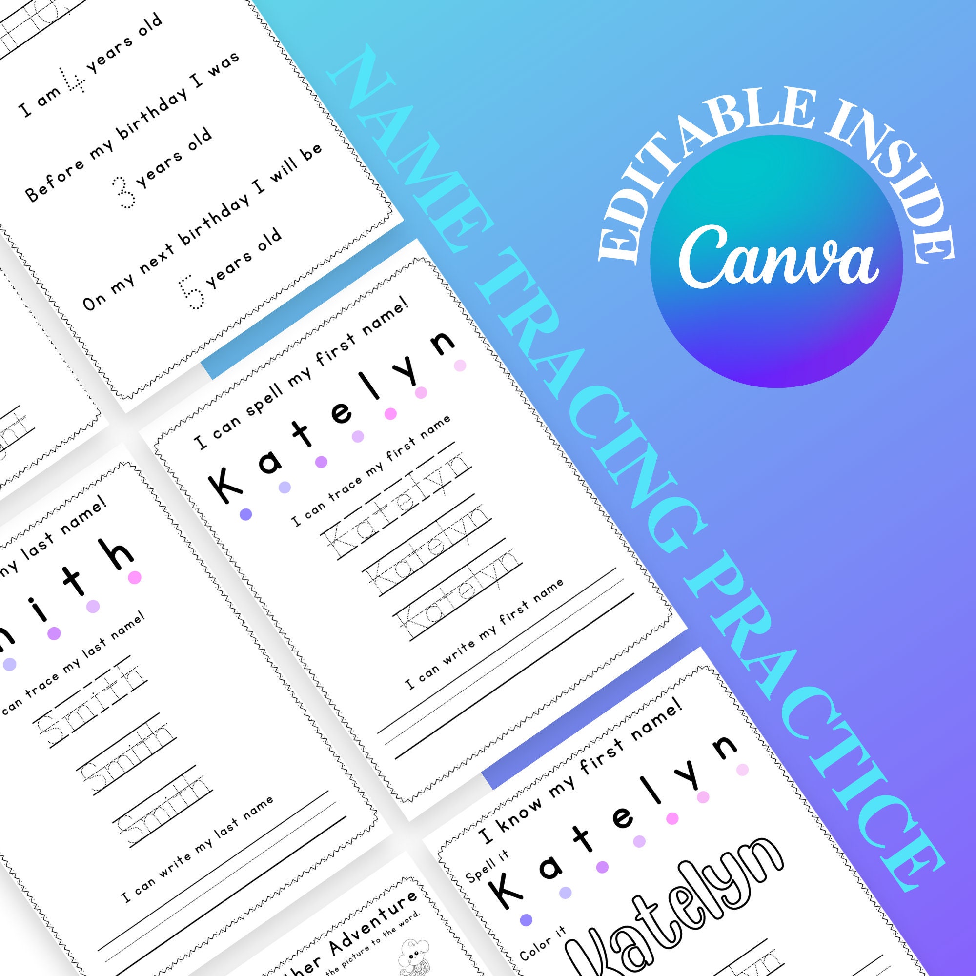 Editable Canva Name Tracing Printable Personalized Worksheets for Kids ...